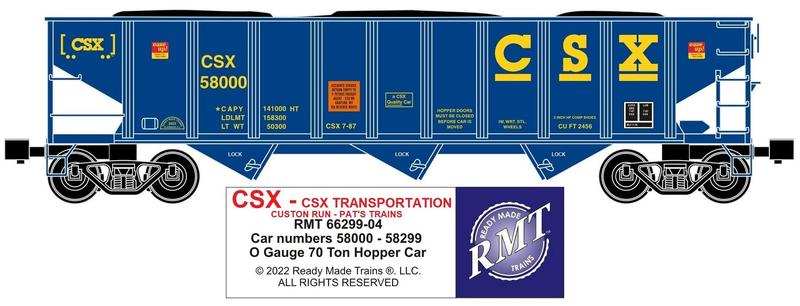 RMT-66299-04 CSX BLUE 70 ton 3-bay RIBBED SIDE COAL HOPPER CAR WITH ...