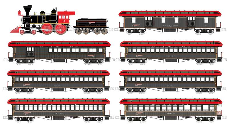 20-30114-1S Black Bonnet Santa Fe 4-4-0 American & 7-Car 64' Woodsided ...